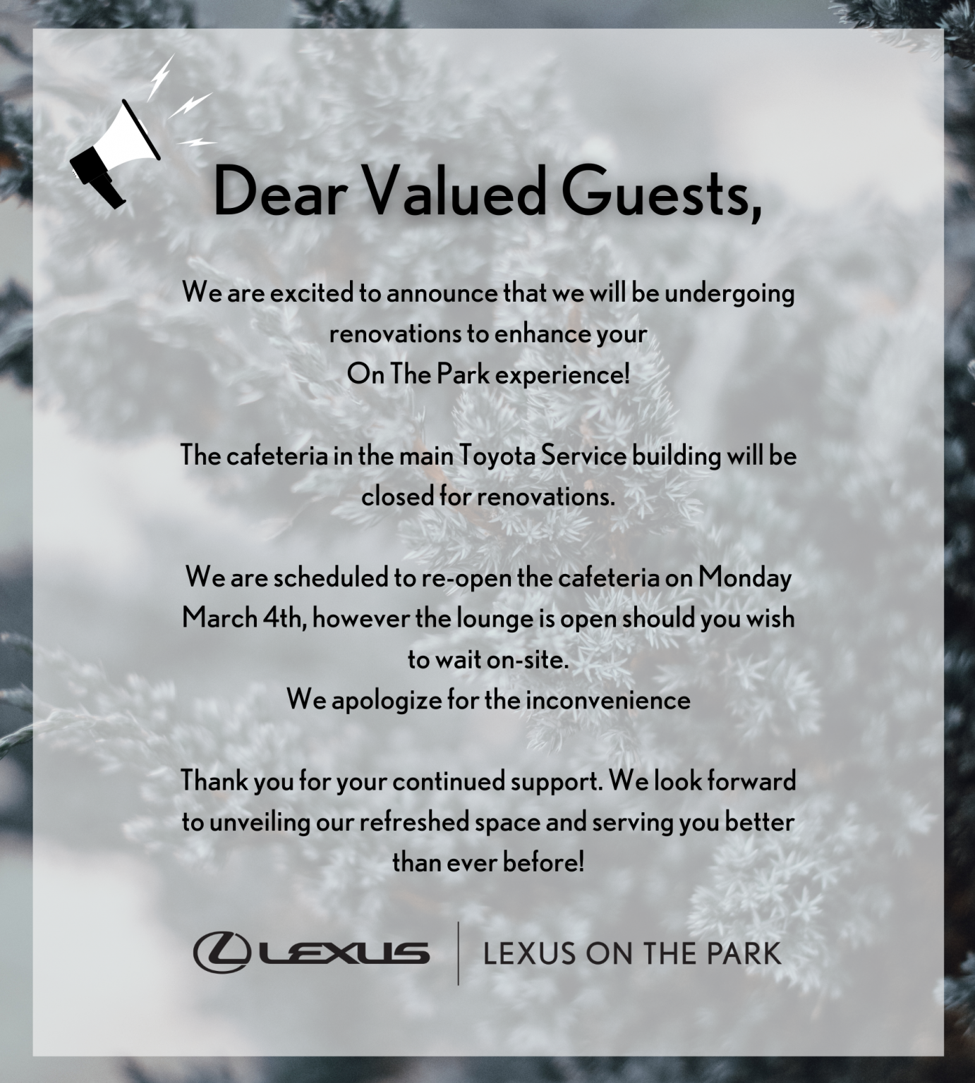 Cafeteria Closure | Lexus On The Park