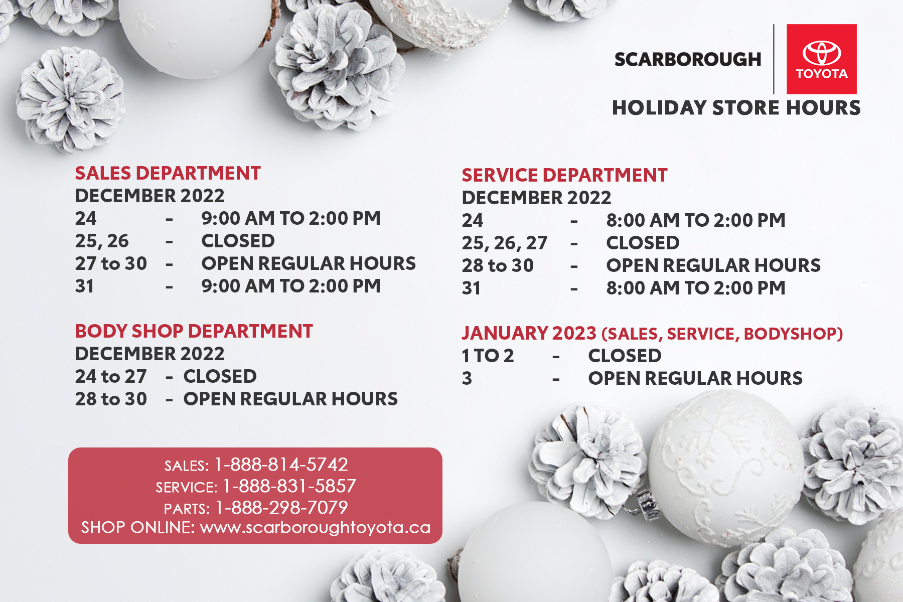 2022 Holiday Store Hours | Scarborough Toyota